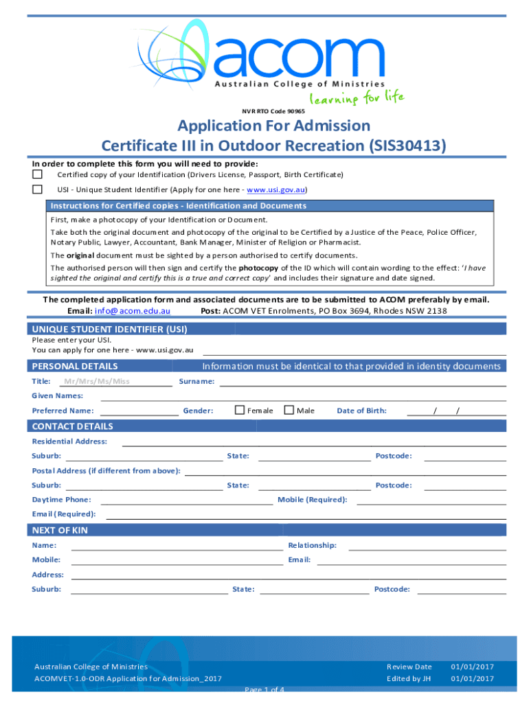 Fillable Online acom edu NVR RTO Code 90965 Application For Admission ...