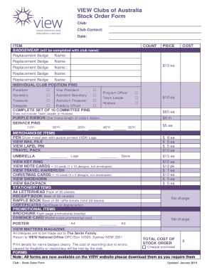 Fillable Online VIEW Clubs of Australia Stock Order Form Fax Email ...