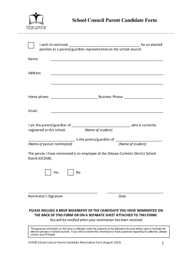 Fillable Online Sample School Council Parent Candidate Nomination Form ...