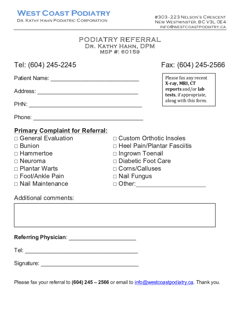 Fillable Online Podiatry Referral Form (Dr. Hahn) Fax Email Print ...