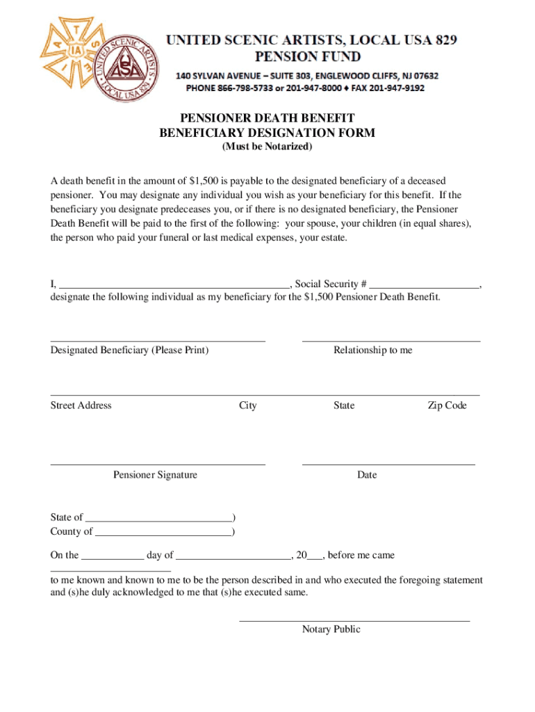 Fillable Online BENEFICIARY DESIGNATION FORM - PENSIONER DEATH BENEFIT ...