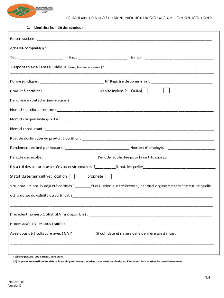Fillable Online 1. Identification du demandeur - Bureau Norme Audit Fax ...
