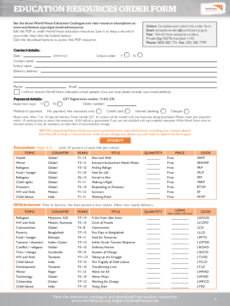 Fillable Online Education Resources Order Form - World Vision NZ Fax ...