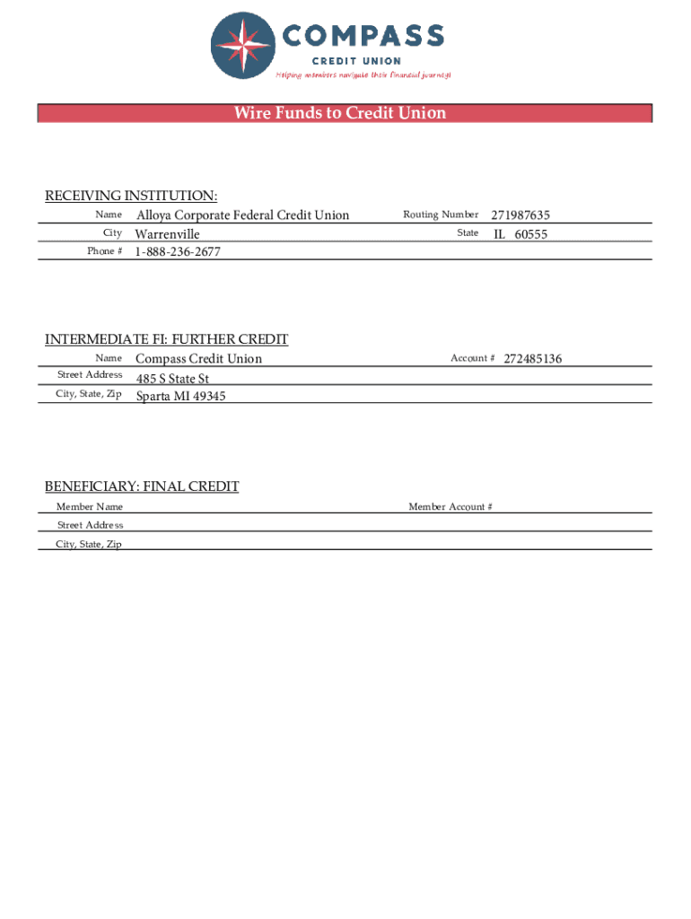 Fillable Online Wire Funds to Credit Union - Compass CU Fax Email Print ...
