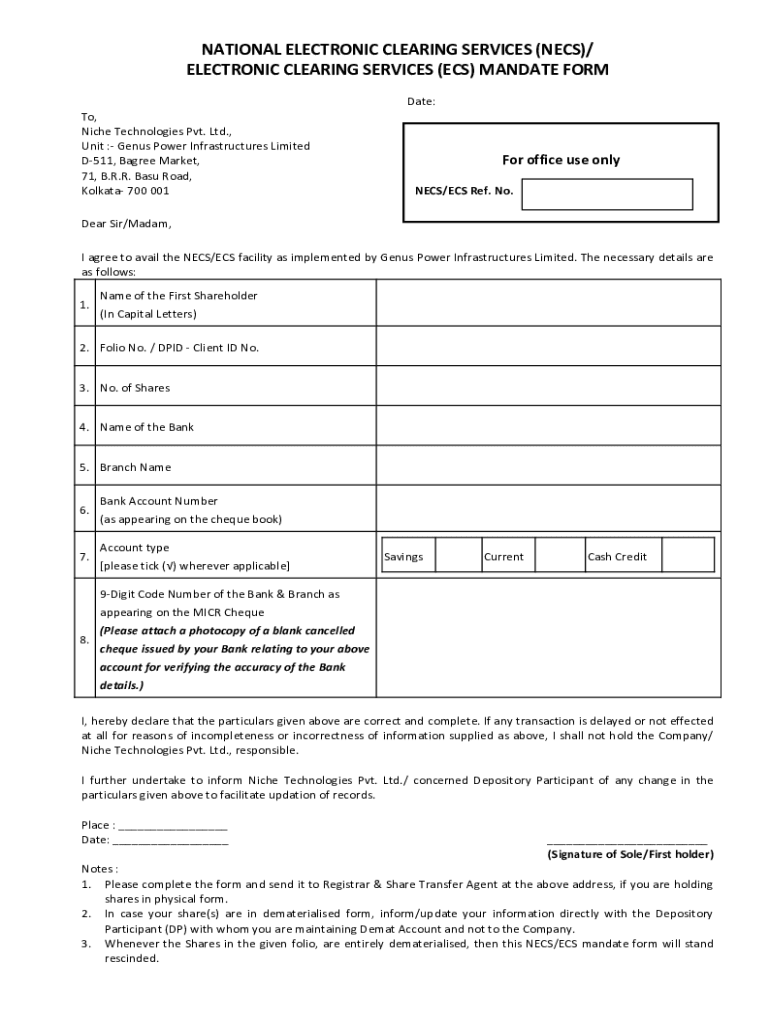 Fillable Online NATIONAL ELECTRONIC CLEARING SERVICES (NECS ...