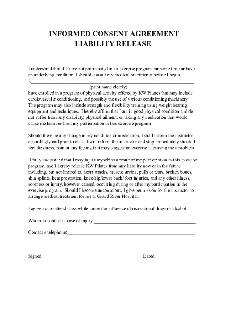 Fillable Online Consent and Release of Liability Form Informed Consent ...