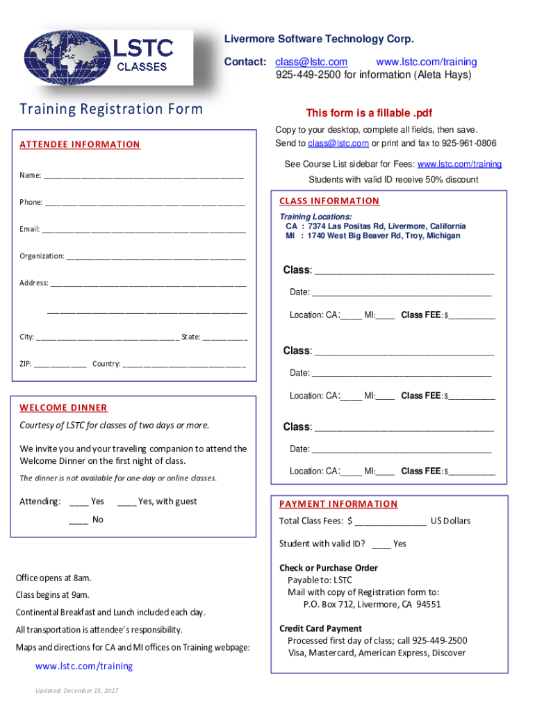 Fillable Online Training Registration Form - Livermore Software Technology ... Fax Email Print ...