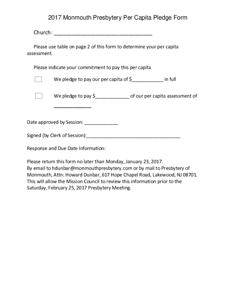 Fillable Online Revised Per Capita Information By Church - Monmouth ...