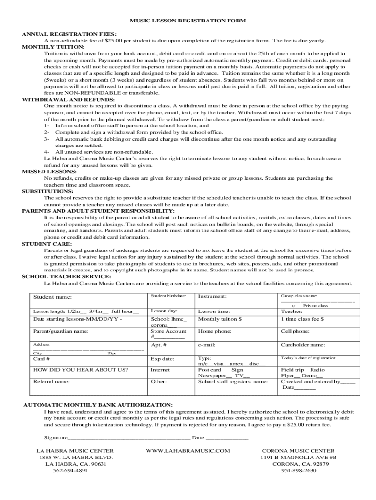 Fillable Online MUSIC LESSON REGISTRATION FORM Fax Email Print - pdfFiller