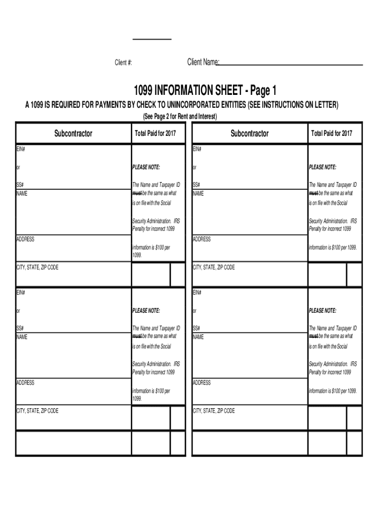 Fillable Online 1099 Information Sheet - Page 1 Fax Email Print - pdfFiller