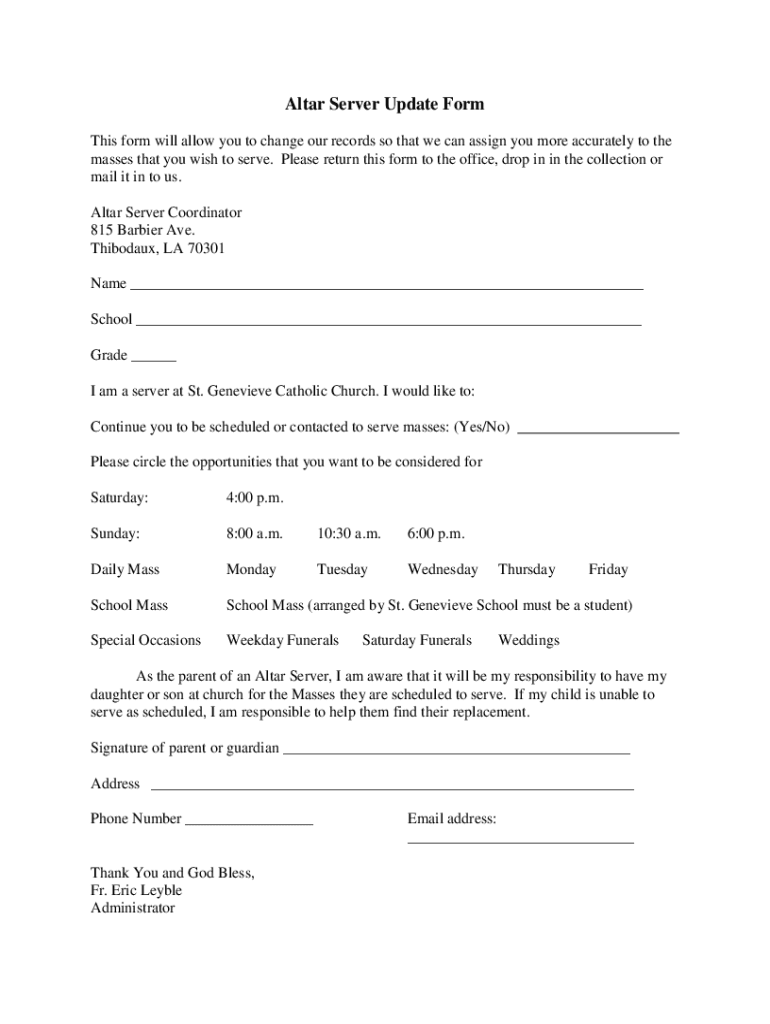 Fillable Online ALTAR SERVER REGISTRATION FORM - St Francis De Sales ...