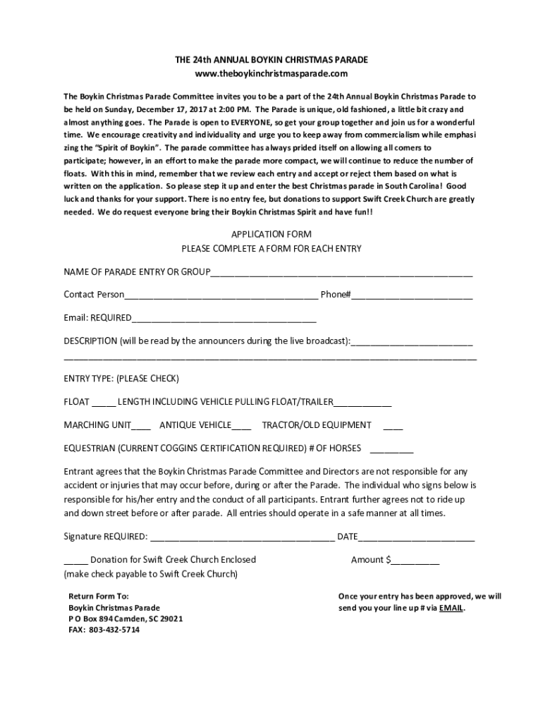 Fillable Online THE 24th ANNUAL BOYKIN CHRISTMAS PARADE www ... Fax ...