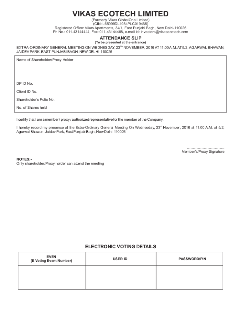 Fillable Online Vikas Ecotech EGN Attendance form Nov2016 Fax Email Print - pdfFiller