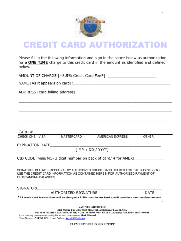 Fillable Online One Time Credit Card Payment Authorization FormFREE 13 ...
