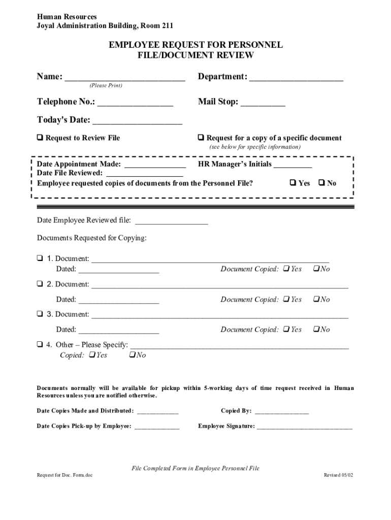 Fillable Online EMPLOYEE REQUEST FOR PERSONNEL FILE/DOCUMENT REVIEW ...