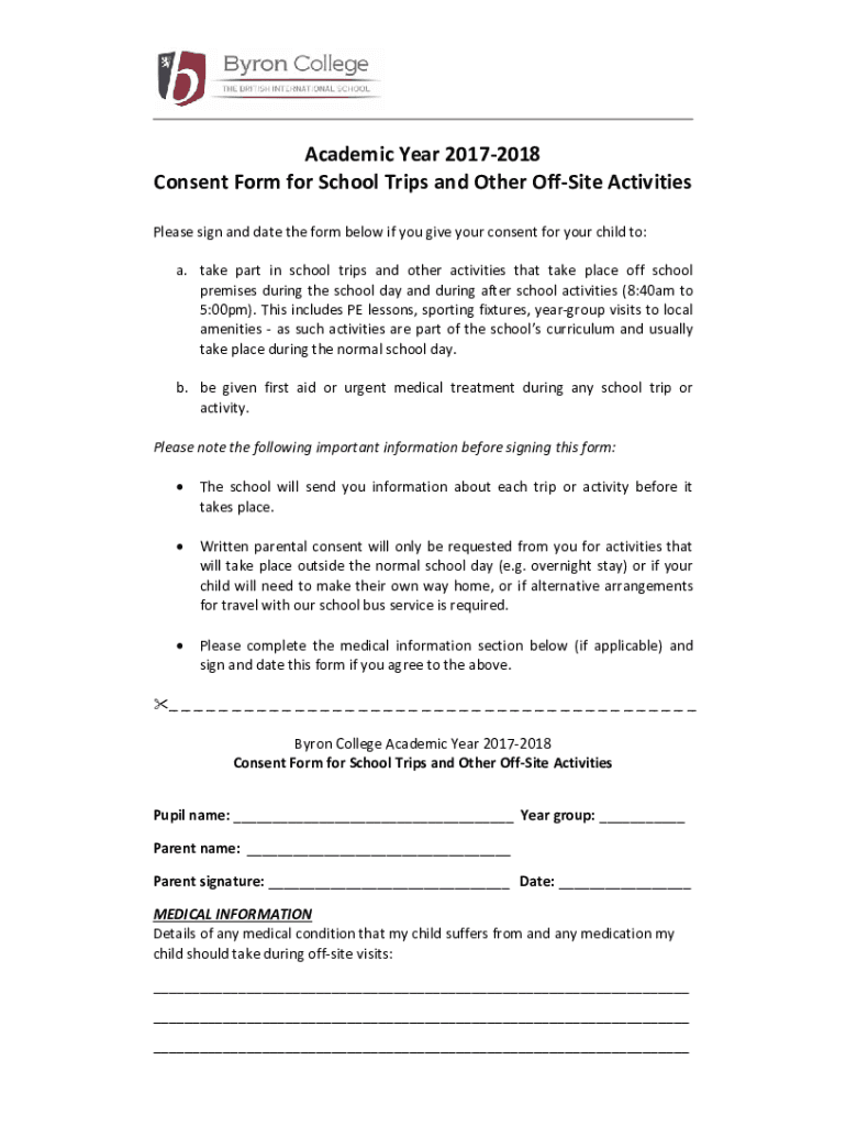 Fillable Online 2017-2018 Consent Form for School Trips and Other Off ...