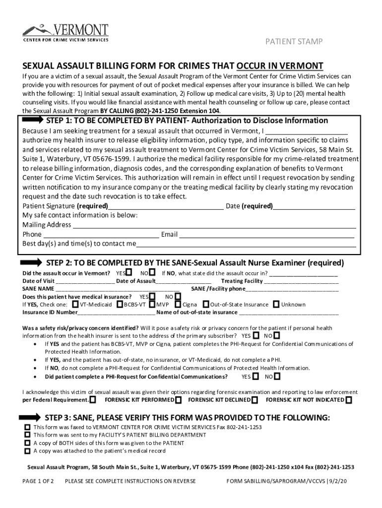 Fillable Online SEXUAL ASSAULT BILLING FORM FOR CRIMES THAT OCCUR IN ...