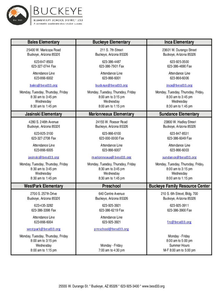 Fillable Online Bales Elementary School 25400 W Maricopa Rd Buckeye, AZ ...
