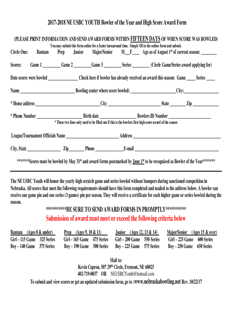 Fillable Online 2017-2018 NE USBC YOUTH Bowler of the Year and High ...