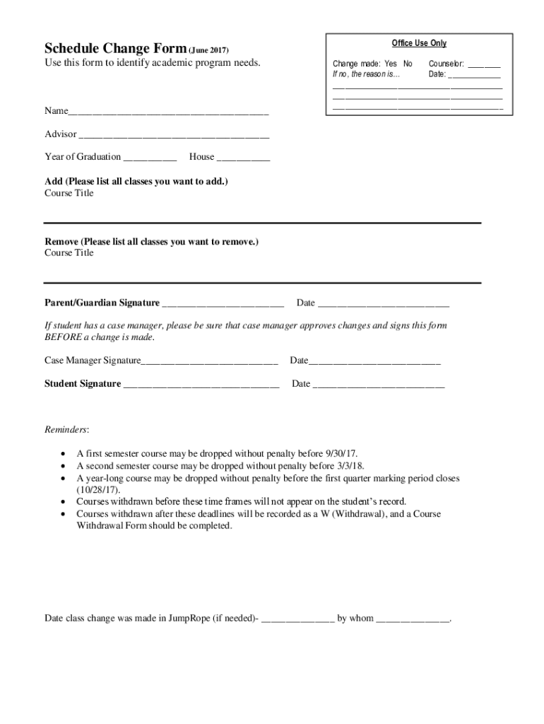 Fillable Online Schedule Change Form Office Use Only - Direction Center ...