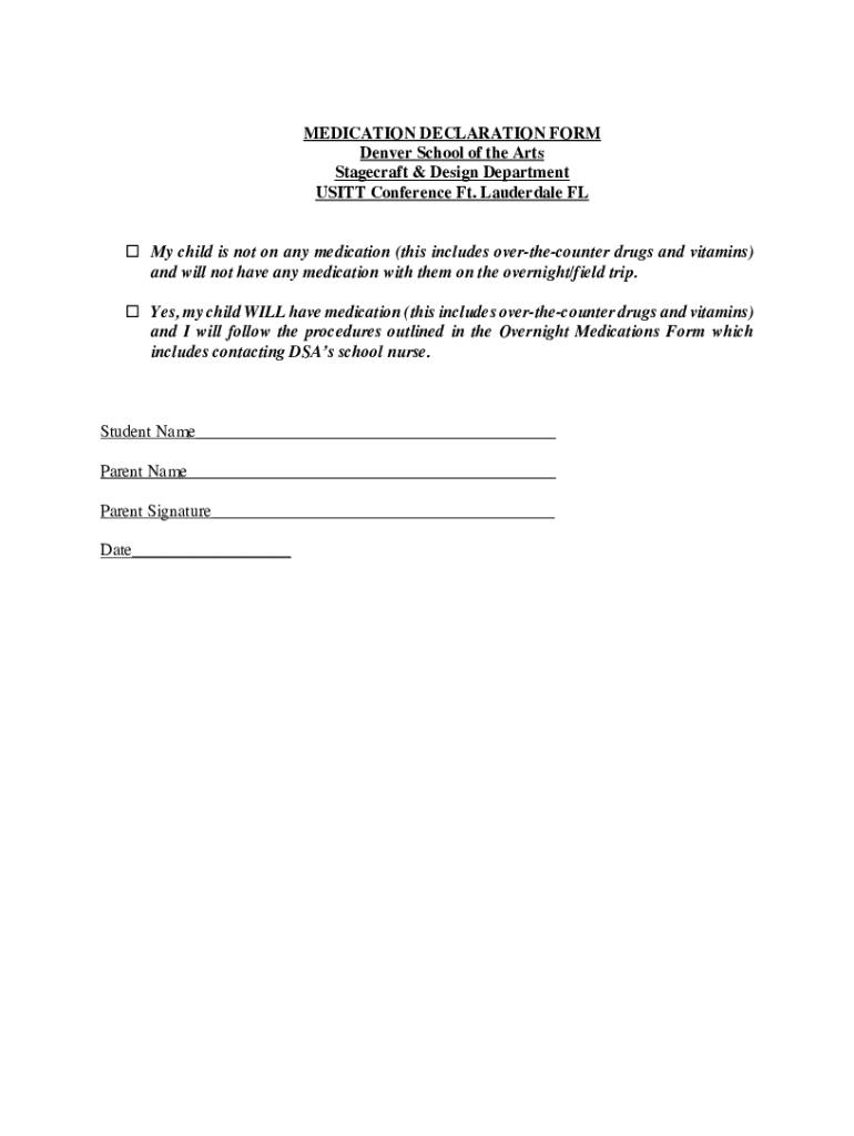 Fillable Online MEDICATION DECLARATION FORM Denver School of the Arts ...