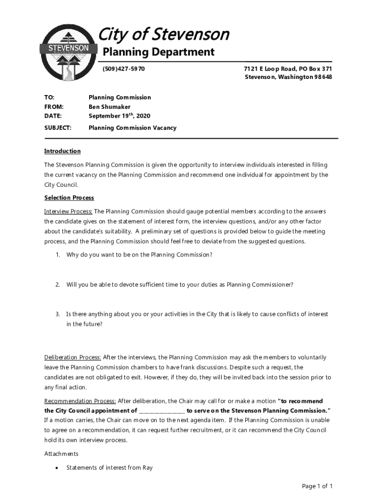 Fillable Online Planning Commission Members - City of Stevenson Fax ...