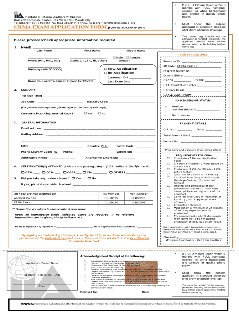 Fillable Online IAP EXAMINATION APPLICATION FORM - The Institute of ...