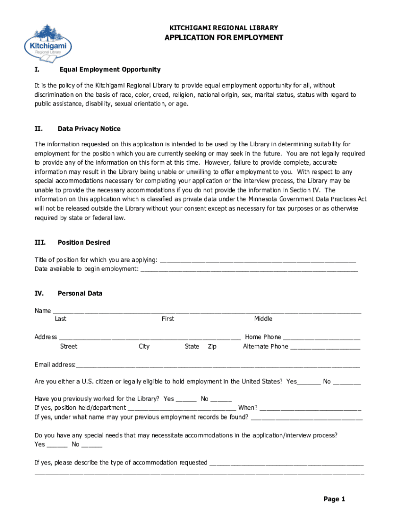 Fillable Online Kitchigami Regional Library Application for Employment ...