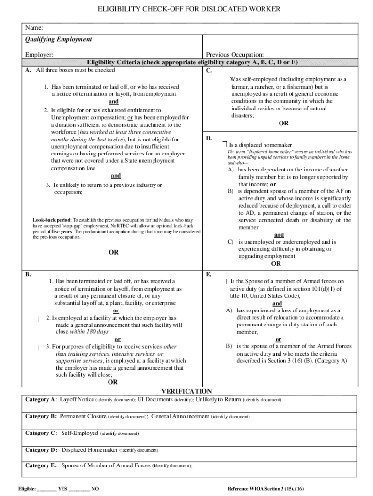 Fillable Online ELIGIBILITY CHECKLIST DISLOCATED WORKER Applicant ... Fax Email Print - pdfFiller