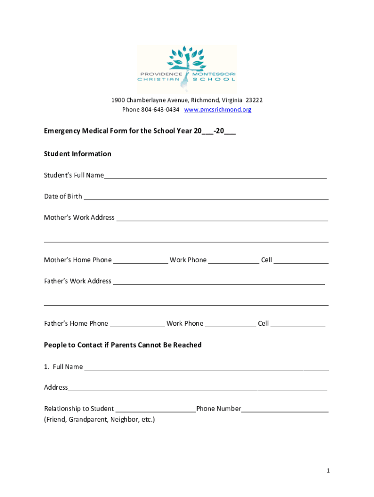Fillable Online PMCS Emergency Medical Form Fax Email Print - pdfFiller