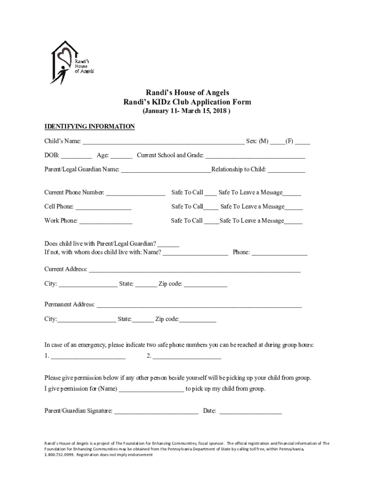 Fillable Online Randis House of Angels Randis KIDz Club Application ...