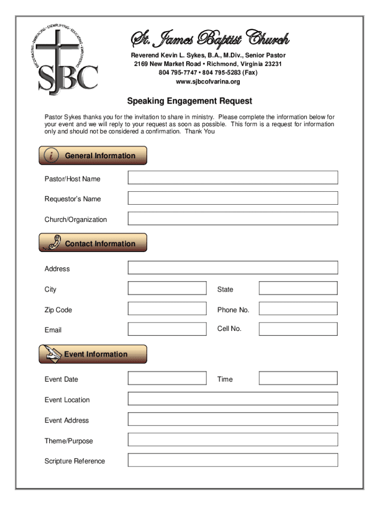 Fillable Online Speaking Engagement Form - St. James Baptist Church Fax ...