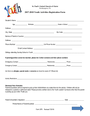 Fillable Online 2017-2018 Youth Activities Registration Form Fax Email ...