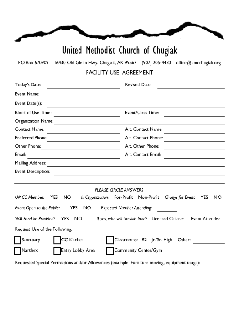 Fillable Online United Methodist Church of Chugiak Facility Fee ...