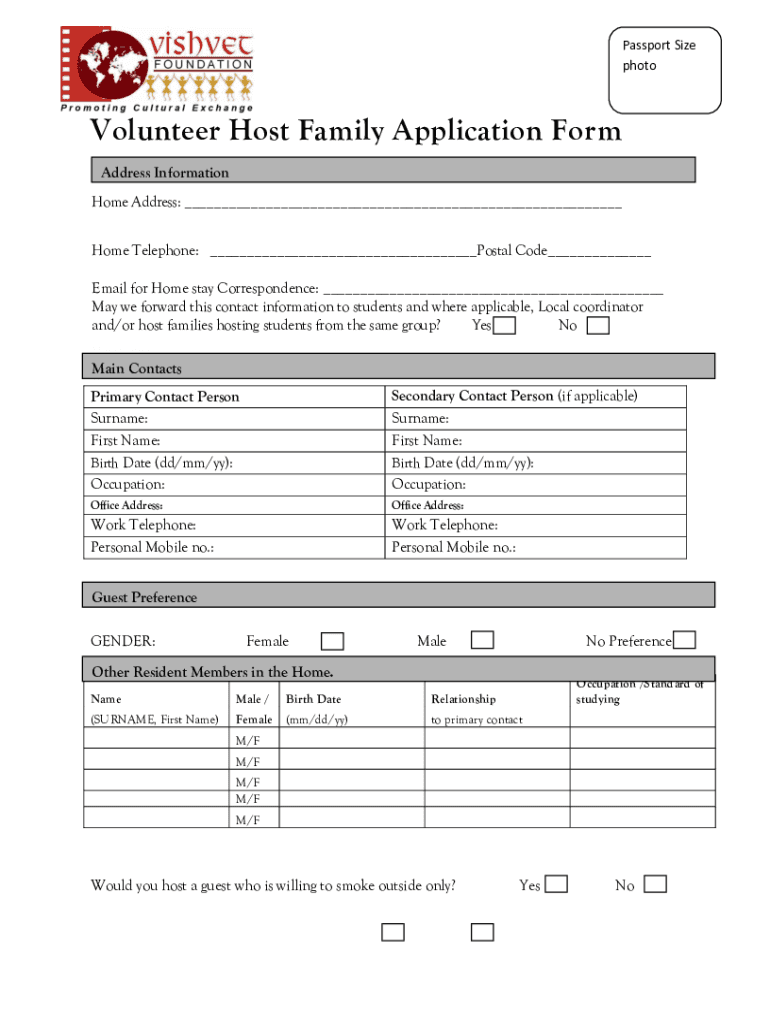 Fillable Online Volunteer Host Family Application Form - Vishvet ...