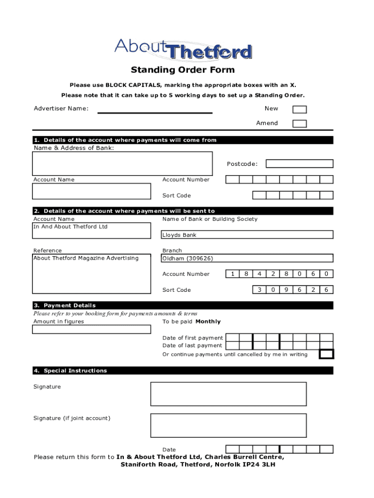 Fillable Online Standing order form - About Thetford Magazine Fax Email Print - pdfFiller