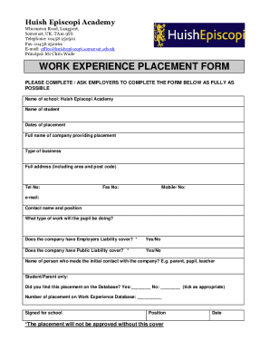 Fillable Online WORK EXPERIENCE PLACEMENT FORM - Huish Leisure Fax ...