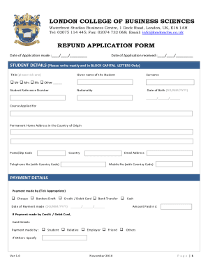 Fillable Online londoncbs co PDF REFUND APPLICATION FORM LONDON COLLEGE ...