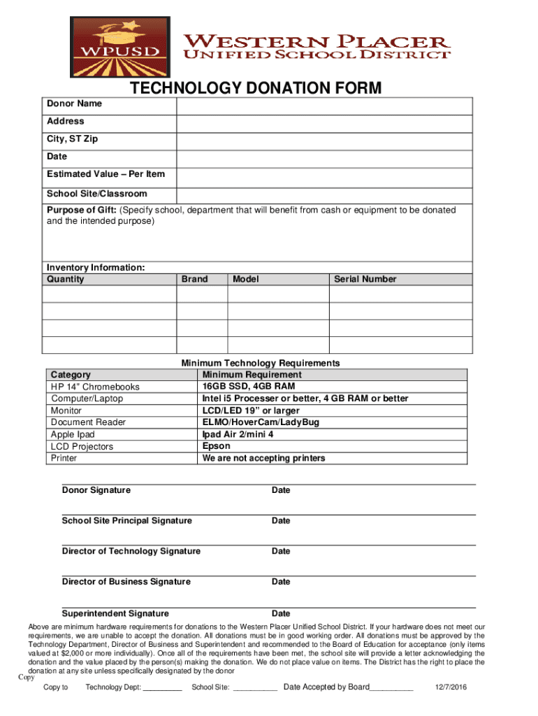Fillable Online TECHNOLOGY DONATION FORM - Western Placer Unified ...