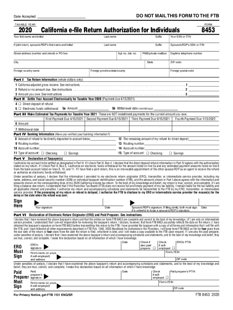 Fillable Online 2020 form 8453 California e-file Return Authorization ...