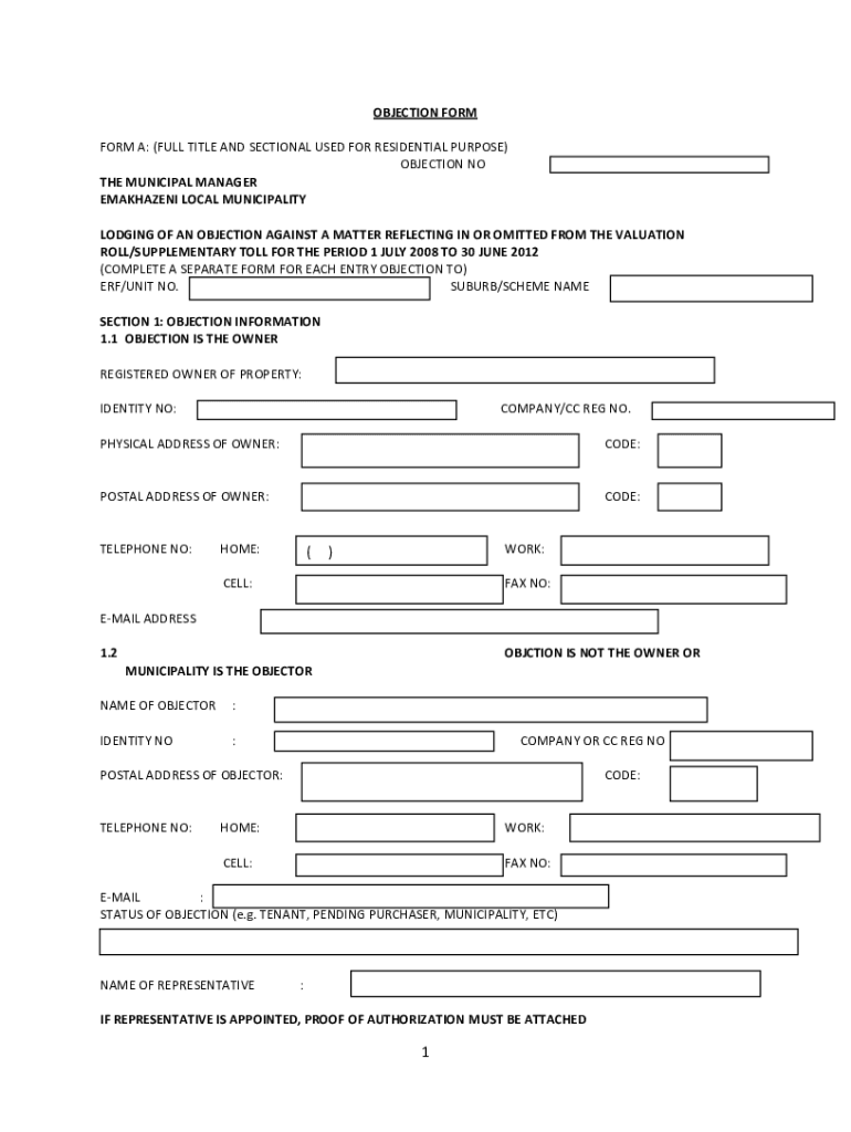 Fillable Online emakhazeni gov PDF OBJECTION FORM FORM A: (FULL TITLE ...