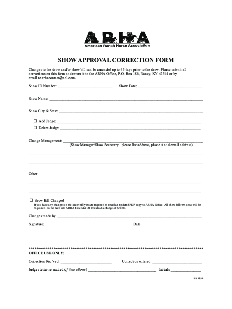 Fillable Online SHOW APPROVAL CORRECTION FORM - American Ranch Horse ...