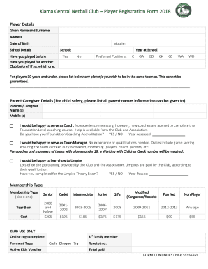Fillable Online Kiama Central Netball Club Player Registration Form ...