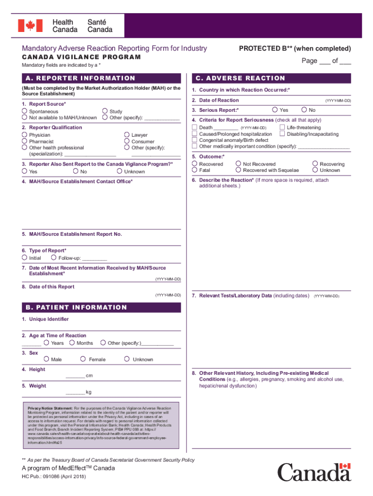 2018-2025 Canada Mandatory Adverse Reaction Reporting Form for Industry ...
