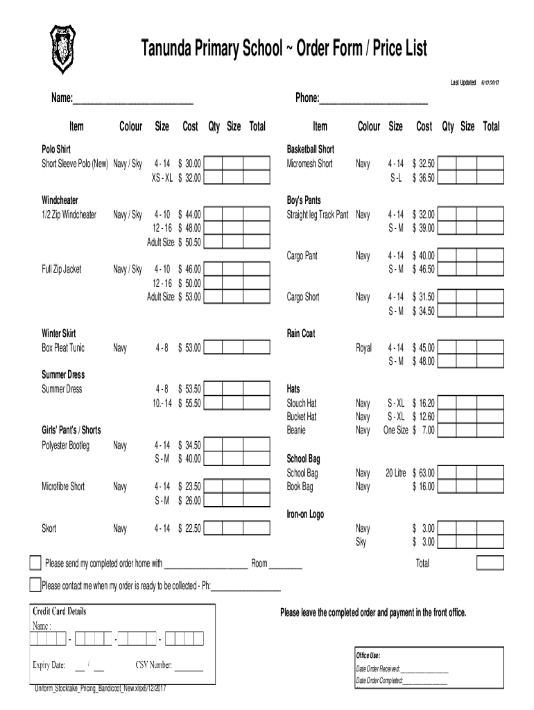 Fillable Online tanundaps sa edu Tanunda Primary School Order Form ...