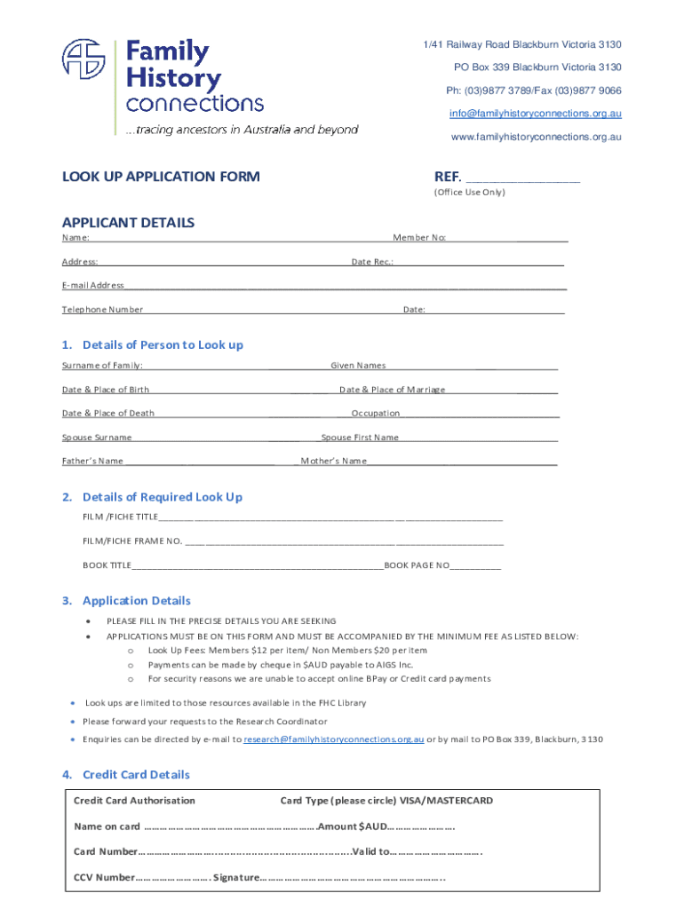 Fillable Online RESEARCH APPLICATION FORM REF - Family History Connections Fax Email Print ...