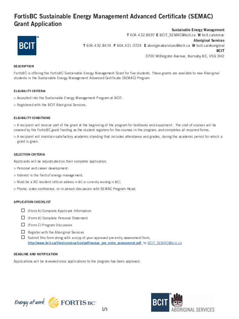 Fillable Online Fortis BC Sustainable energy management advanced certificate (SEMAC) grant ...