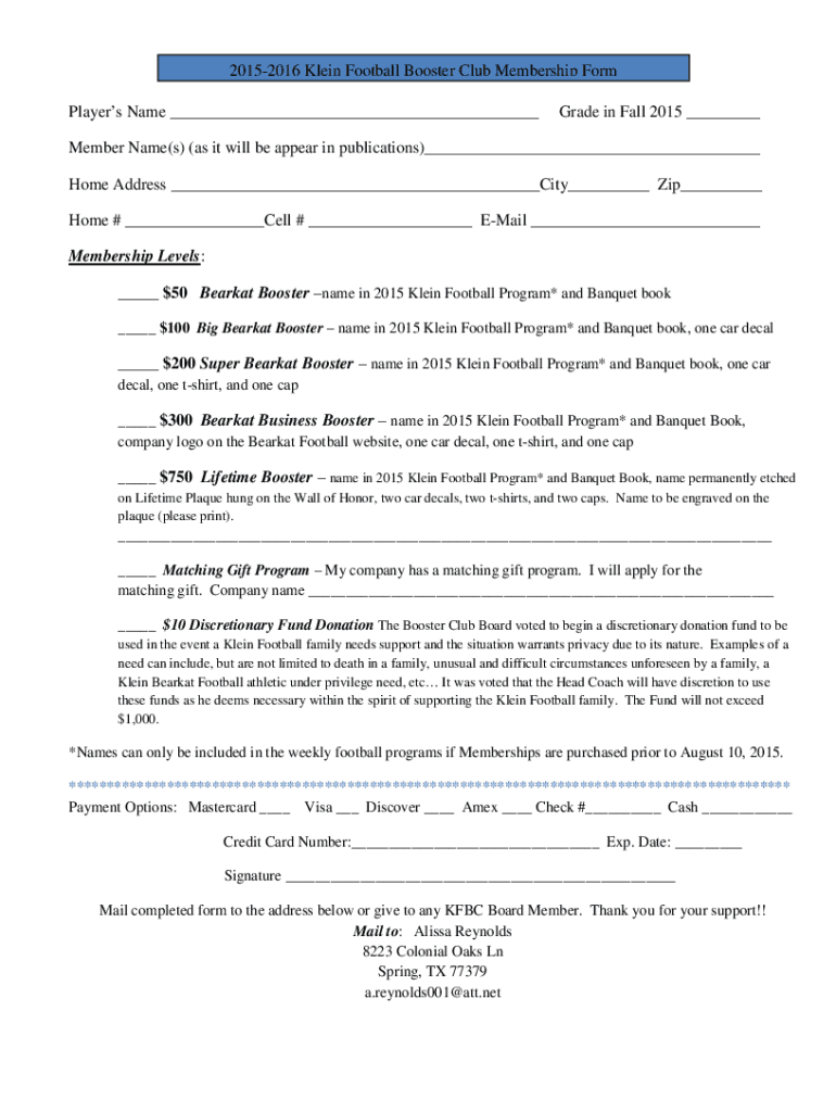 Fillable Online 2015-2016 Klein Football Booster Club Membership Form ...