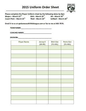 Fillable Online 2015 Uniform Order Sheet Fax Email Print - pdfFiller