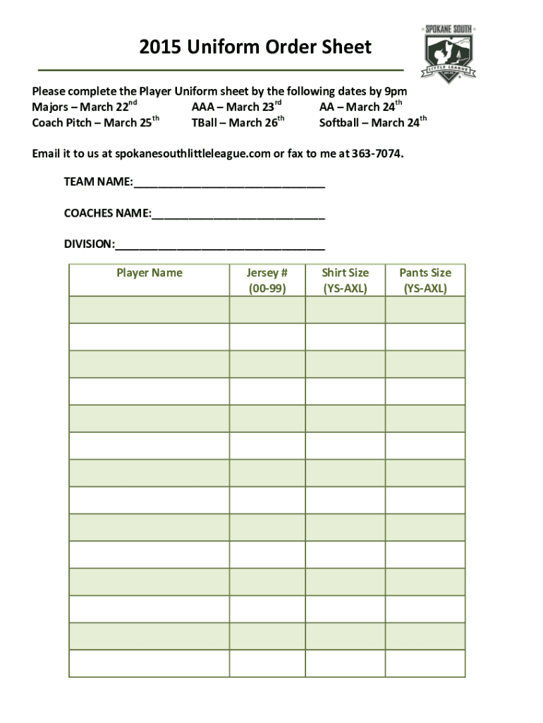 Fillable Online 2015 Uniform Order Sheet Fax Email Print - pdfFiller